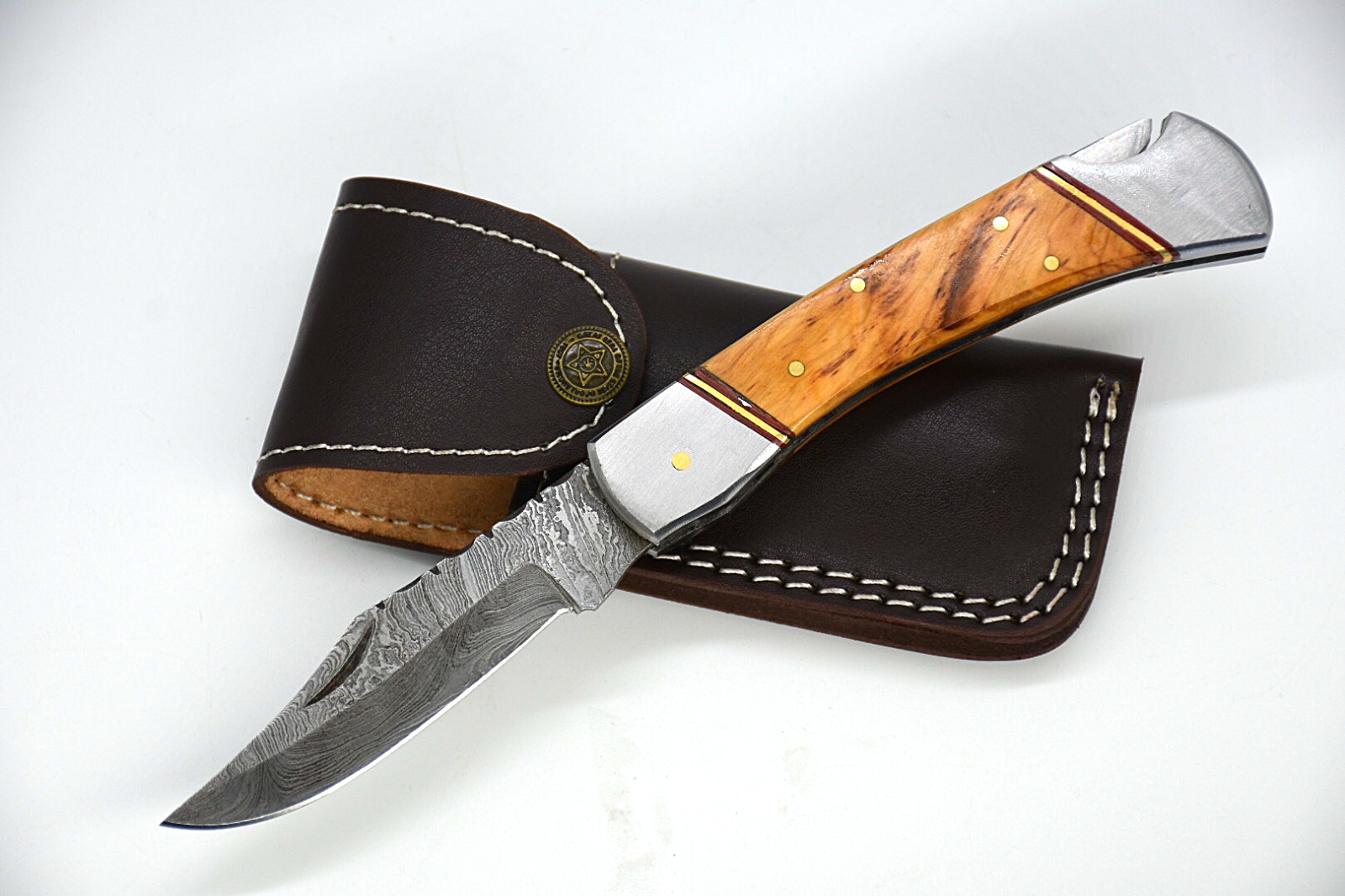 Handmade Wood Damascus Steel Folding Pocket Knife, Hunting Camping W/S