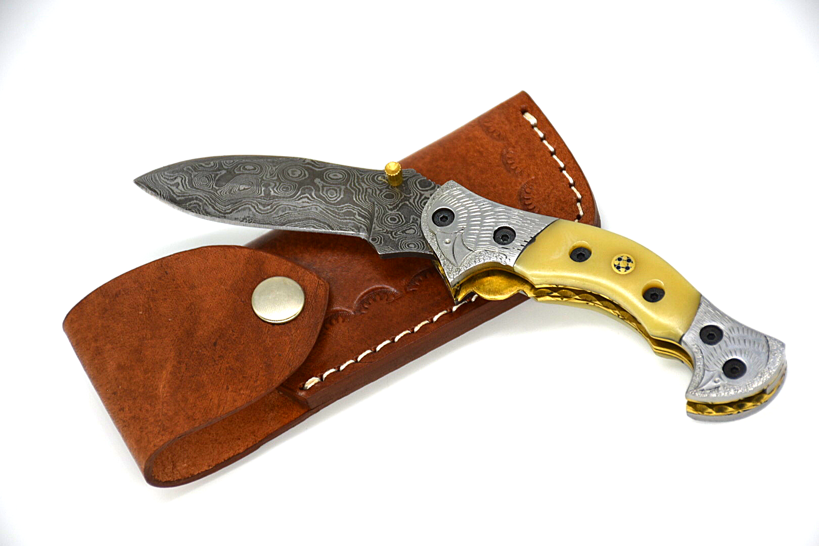 Limited edition - Handmade Damascus Steel Folding Knife - Natural Poli